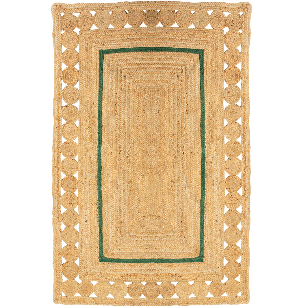Rectangular Jute Rug with circle designs and Emerald Green borders ...