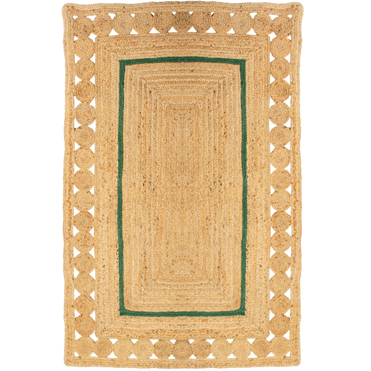 Rectangular Jute Rug with circle designs and Emerald Green borders ...